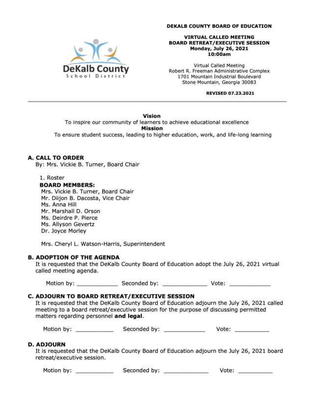 Revised Notice Of Dekalb County Board Of Education Virtual Called