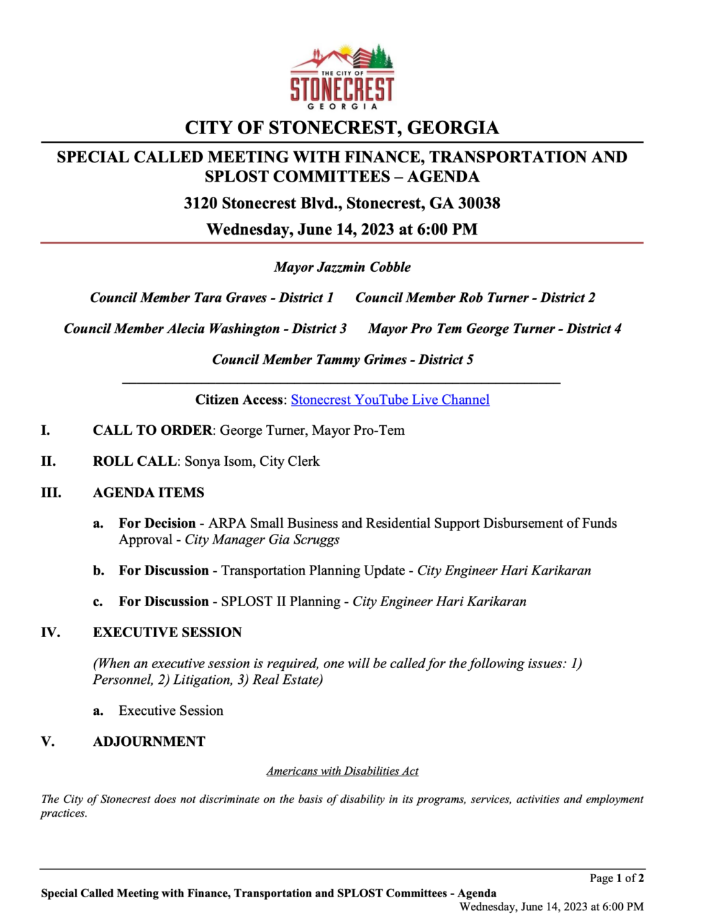 City of Stonecrest NOTICE — Special Called Meeting with Finance ...