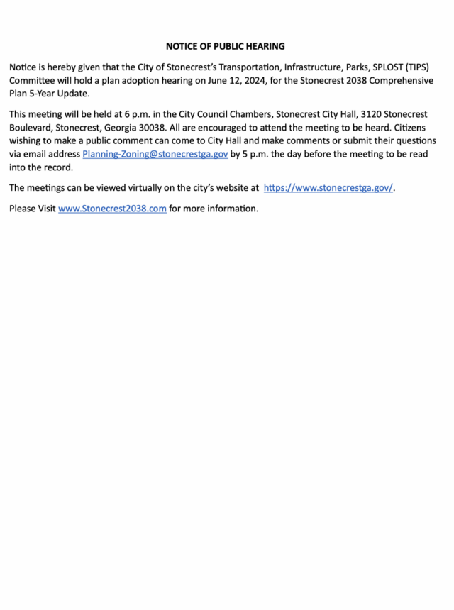 City of Stonecrest Legal Notice for 2038 Comprehensive Plan 5-Year ...